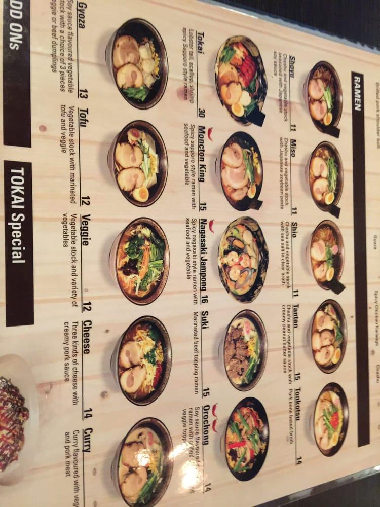 Menu at Tokai Ramen restaurant, Moncton