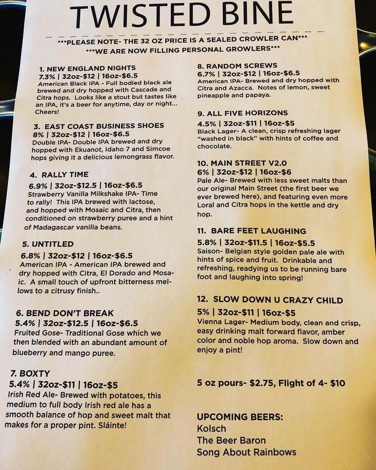 Menu at Twisted Bine pub & bar, Mount Joy