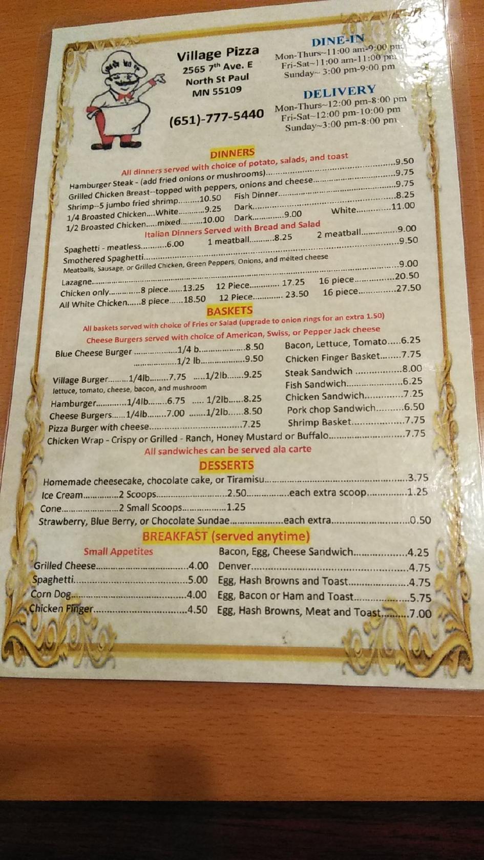 Menu at Village Pizza pizzeria, North Saint Paul