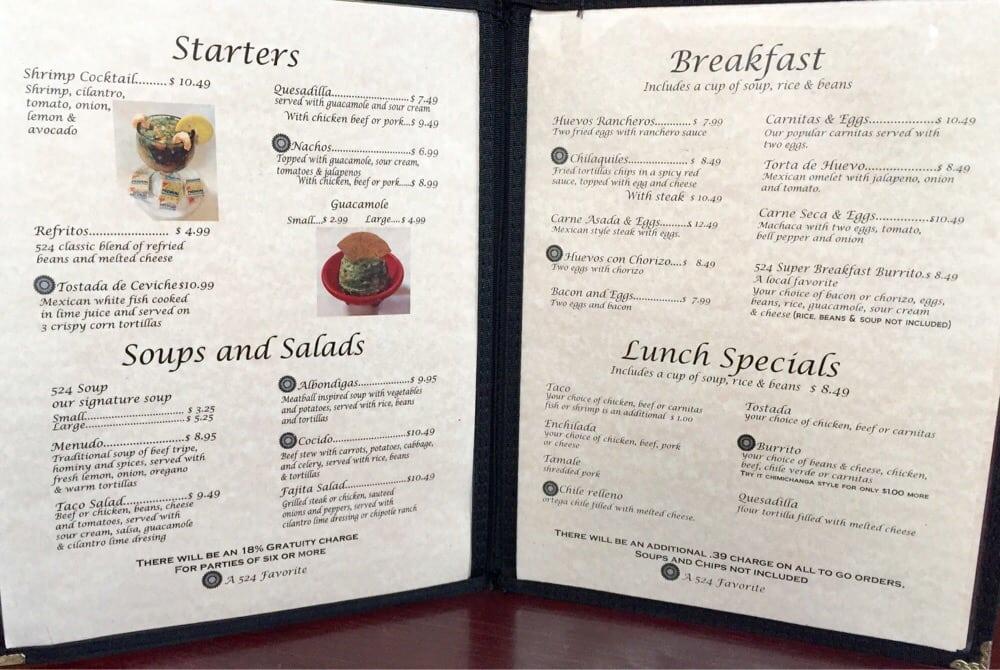 Menu at 524 Mexican Food restaurant, Sacramento, 3830 Northgate Blvd