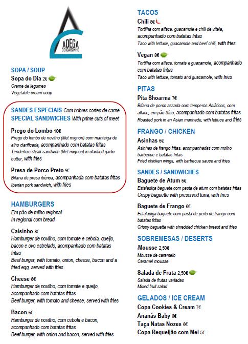 Menu at Adega do Caisinho restaurant, Portugal
