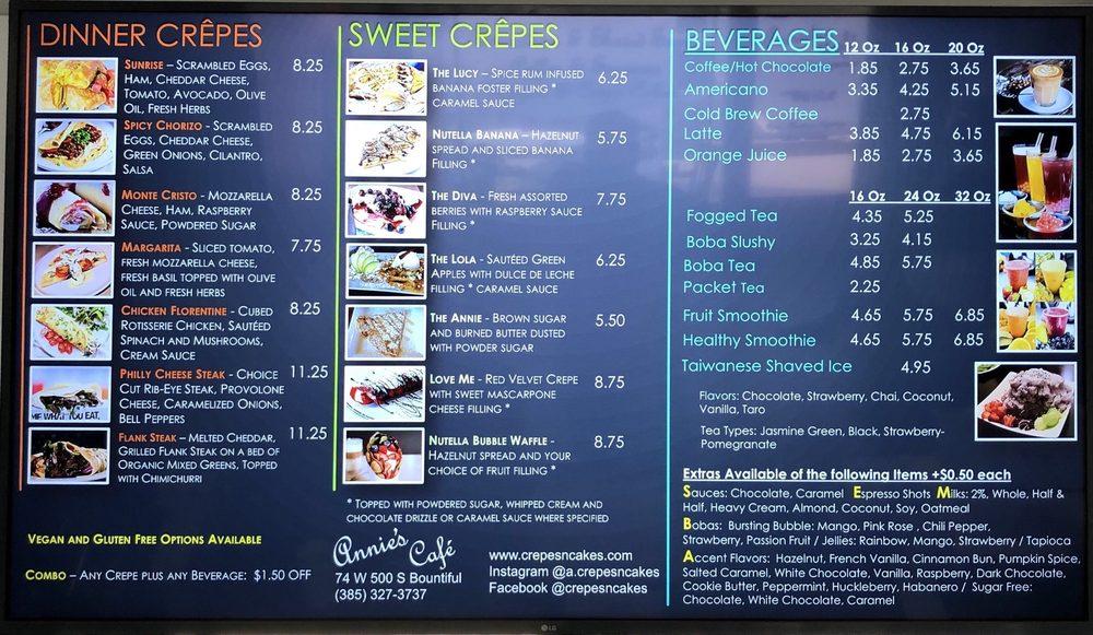 Menu at Annie’s Cafe, Bountiful