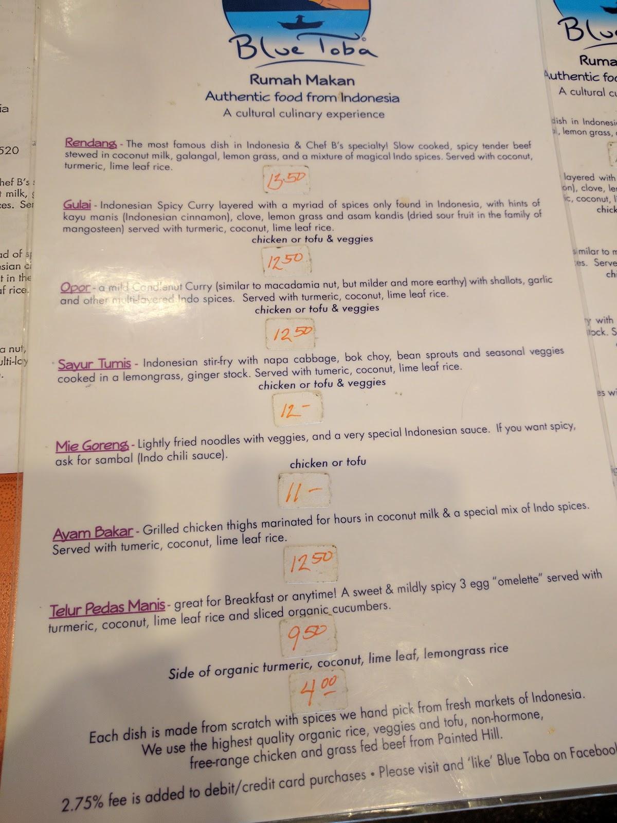 Menu at Blue Toba restaurant, Ashland