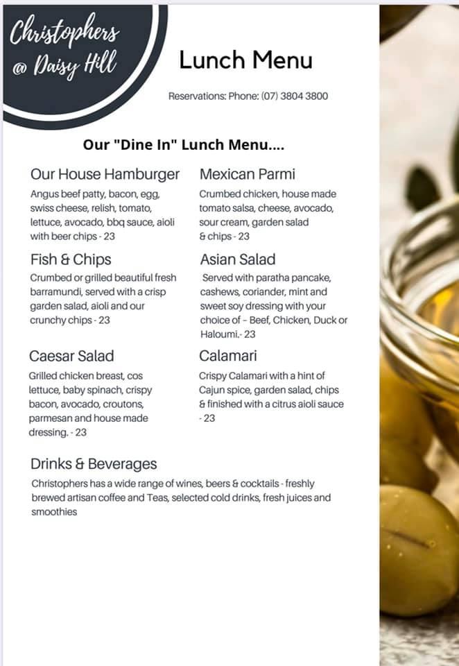 Menu at Christophers Fine Foods restaurant, Daisy Hill