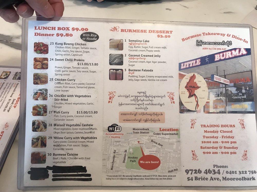 Menu at Little Burma Takeaway fast food, Mooroolbark