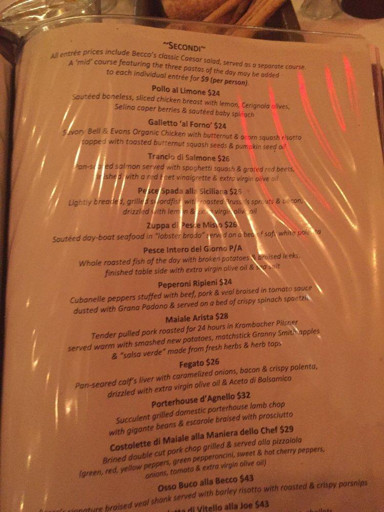 Menu at Becco restaurant, West New York