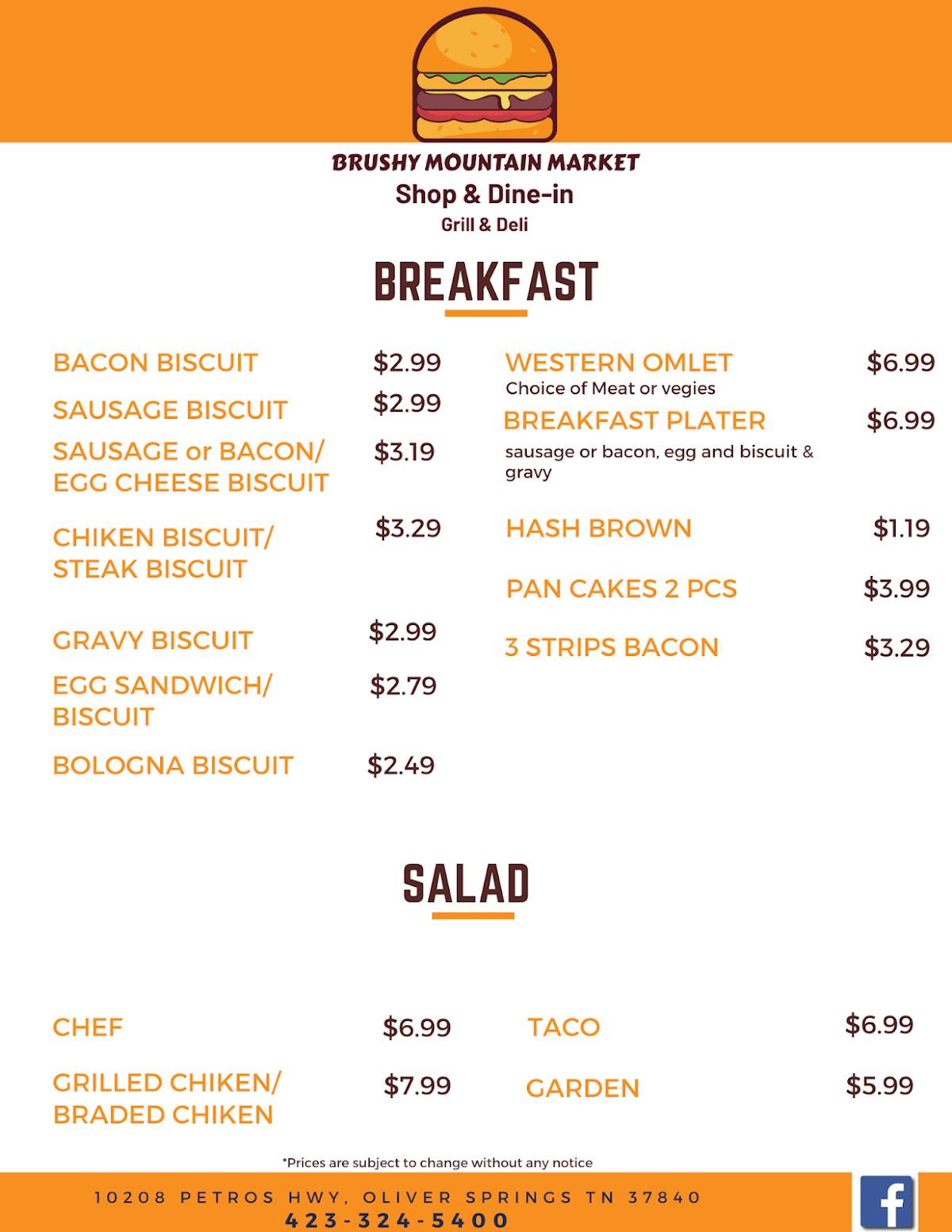 Menu at Brushy Mountain Market pub & bar, Petros