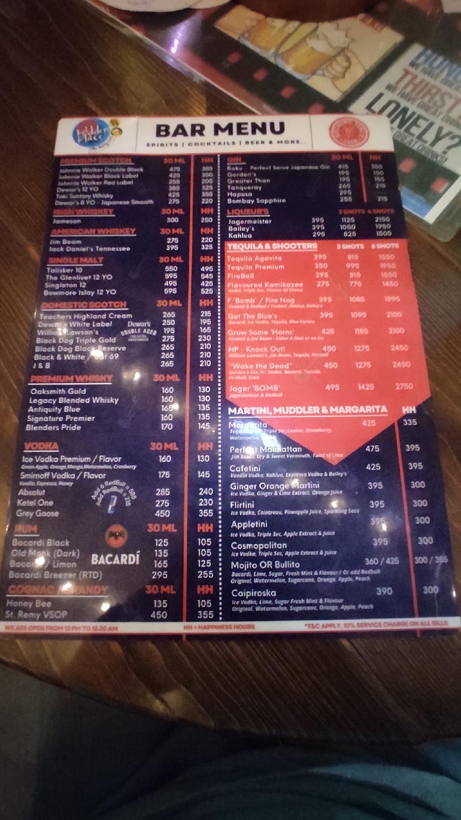 Menu at Hidden Place -The hang-out, Pune, Park Grandeur