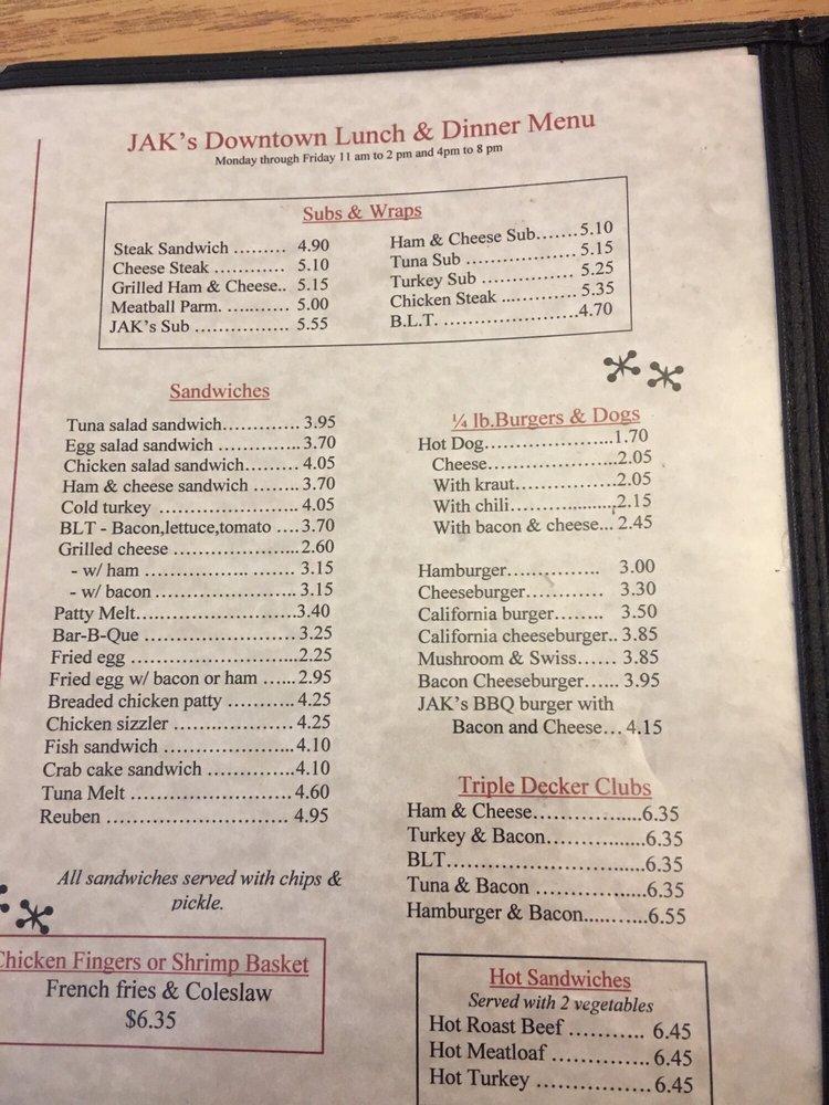 Menu at Jak's Downtown Diner restaurant, Topton