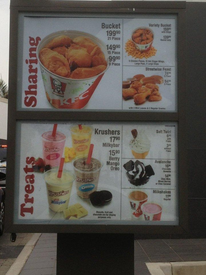 Menu at KFC restaurant, Johannesburg, Rifle Range Road