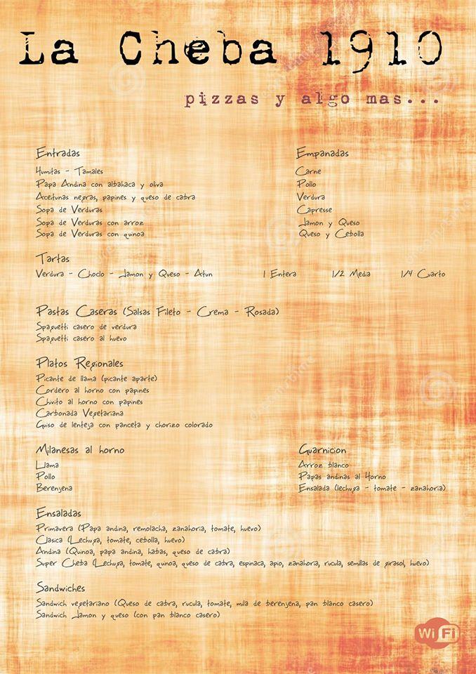 Menu at La Cheba 1910 pizzeria, Tilcara