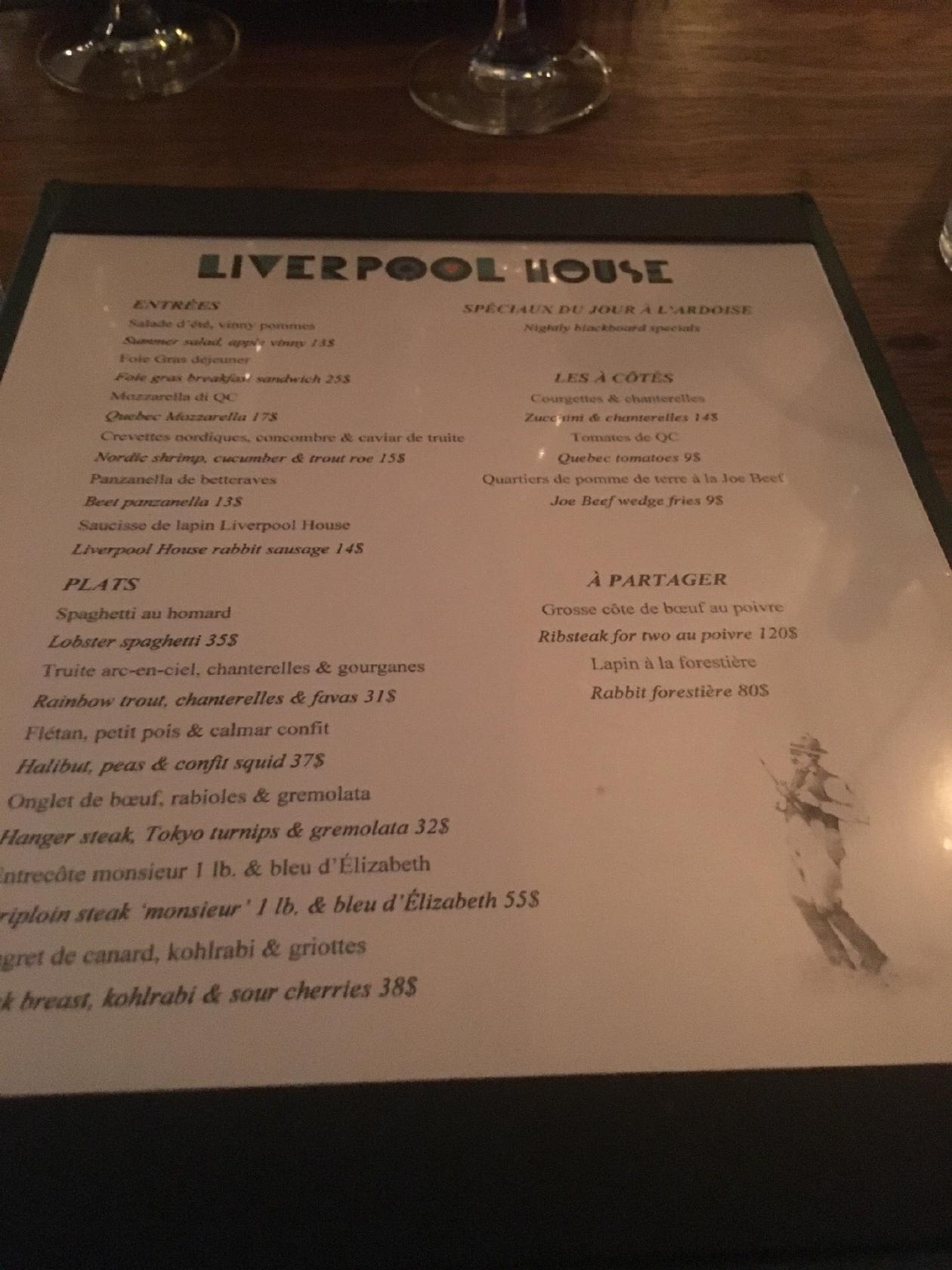 Carta del restaurante Liverpool House, Montréal