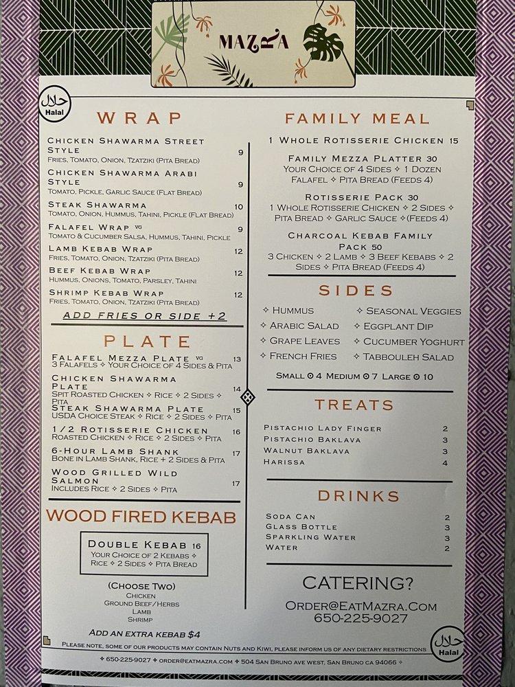 Menu at Mazra BBQ, San Bruno