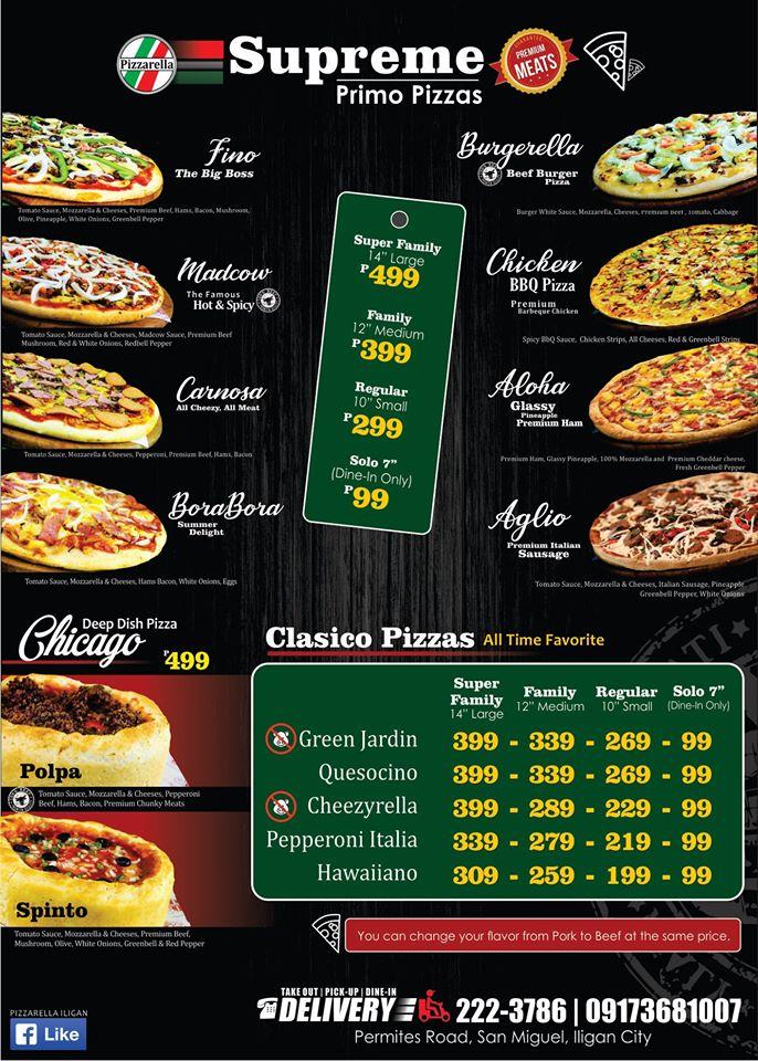 Menu at Pizzarella Iligan pizzeria, Iligan City
