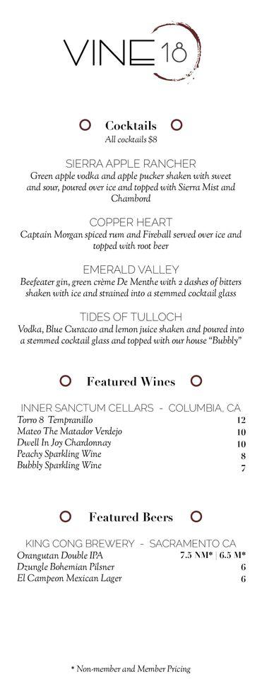 Menu at Vine18 at Copper Valley Golf Club, Copperopolis