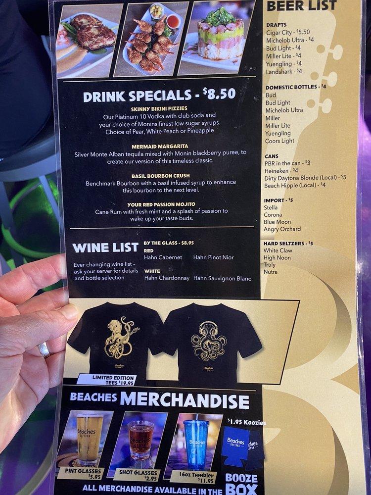 Carta del pub y bar Beaches Daytona, Daytona Beach