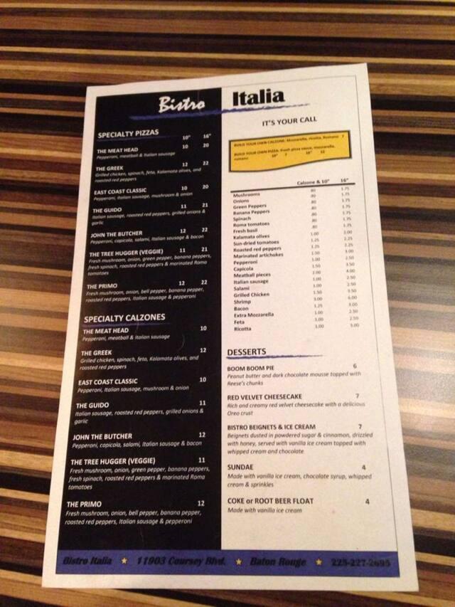 Menu at Bistro Italia pizzeria, Baton Rouge, Coursey Blvd