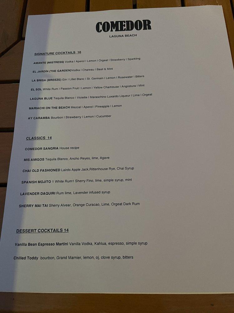 Menu at Comedor pub & bar, Laguna Beach