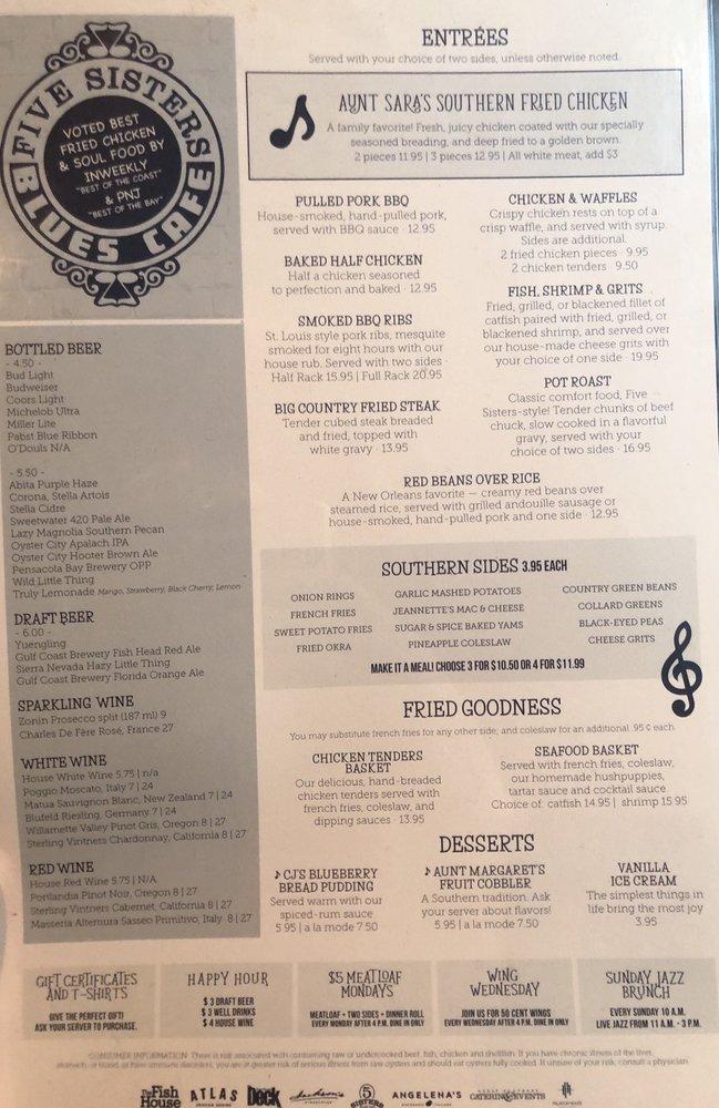 Menu at Five Sisters Blues Cafe, Pensacola