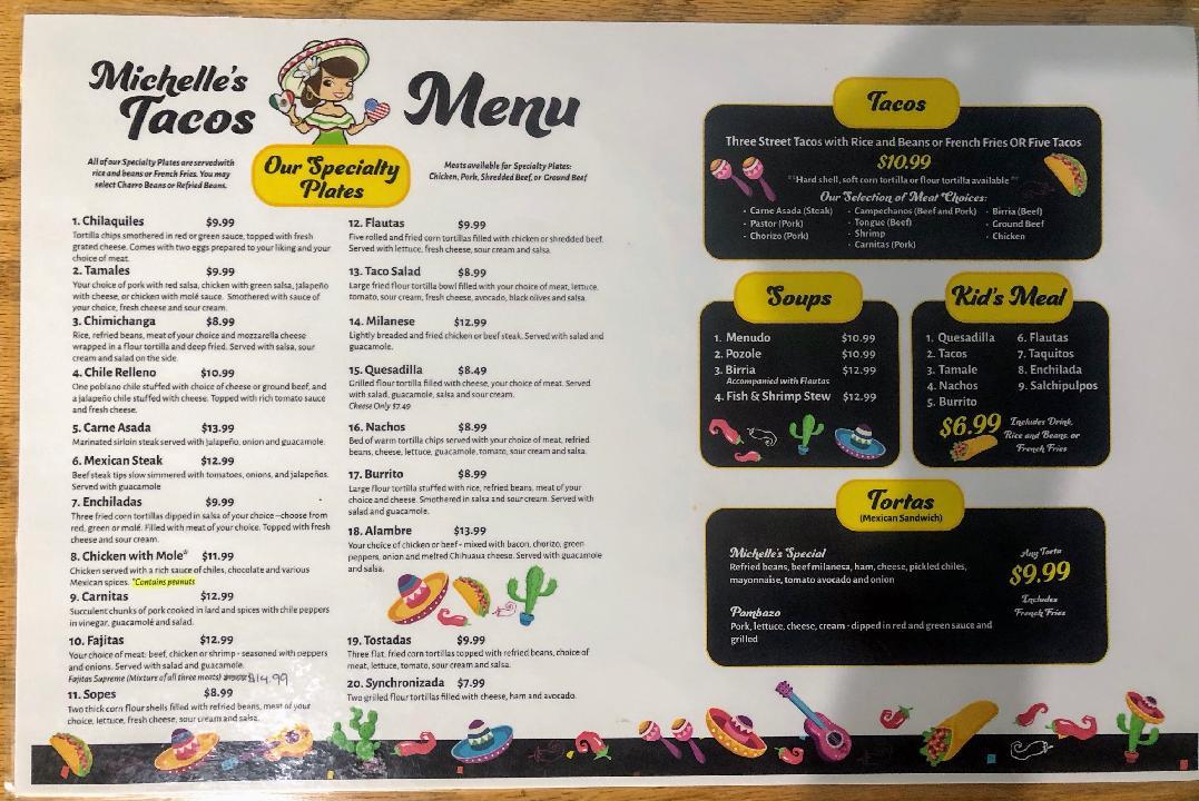 Menu at Michelle's Tacos restaurant, Rapid City