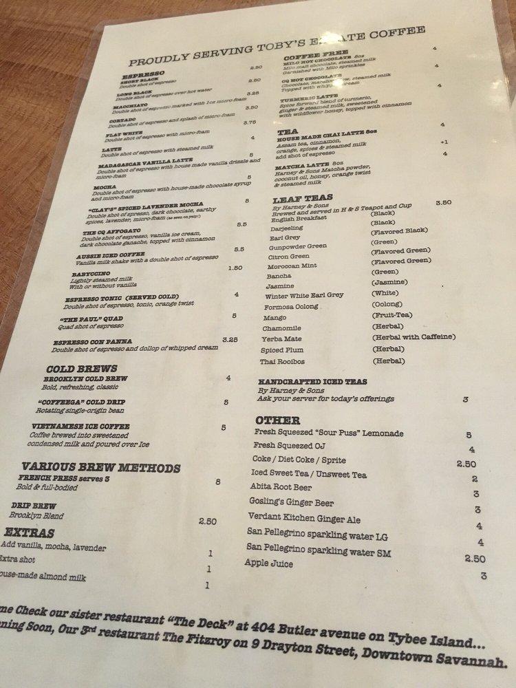 Menu at The Collins Quarter cafe, Savannah, 151 Bull St