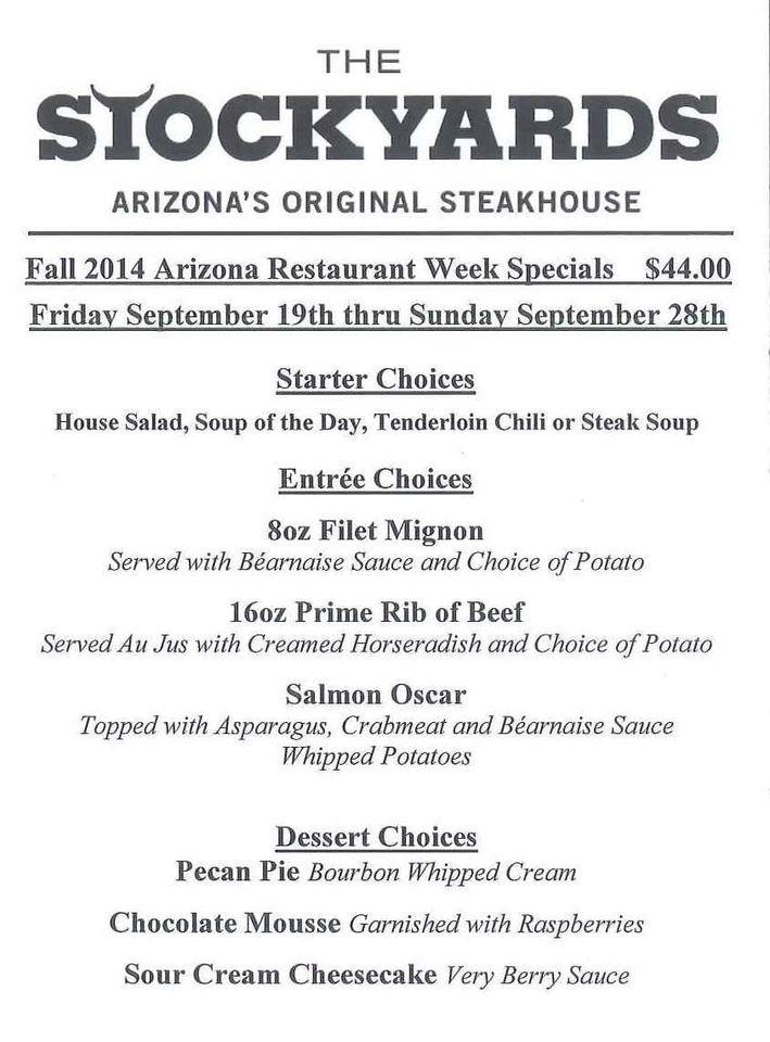 Menu at The Stockyards Steakhouse, Phoenix