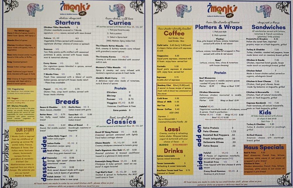 Menu at 7 Monk's Café- Indian & Mediterranean restaurant, New Braunfels