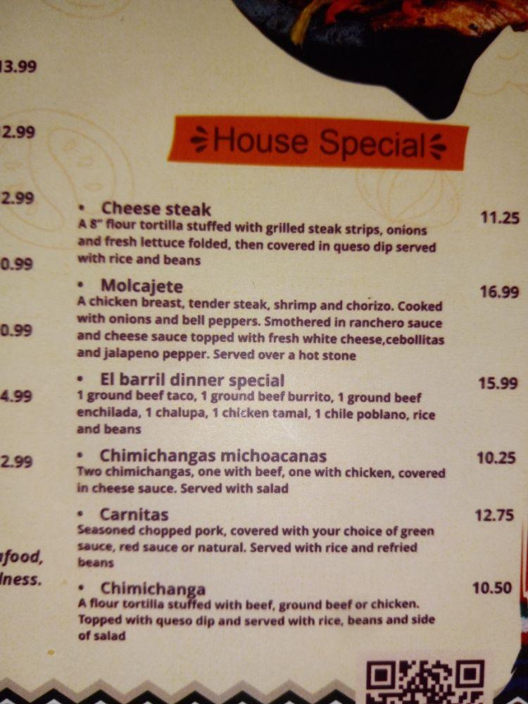 Menu at El Barril Mexican Restaurant, Edgington