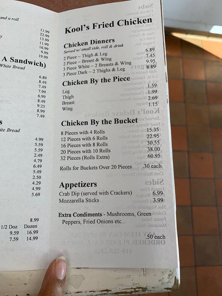 Menu at Kool's Carry-Out restaurant, Cambridge, 112 Washington St