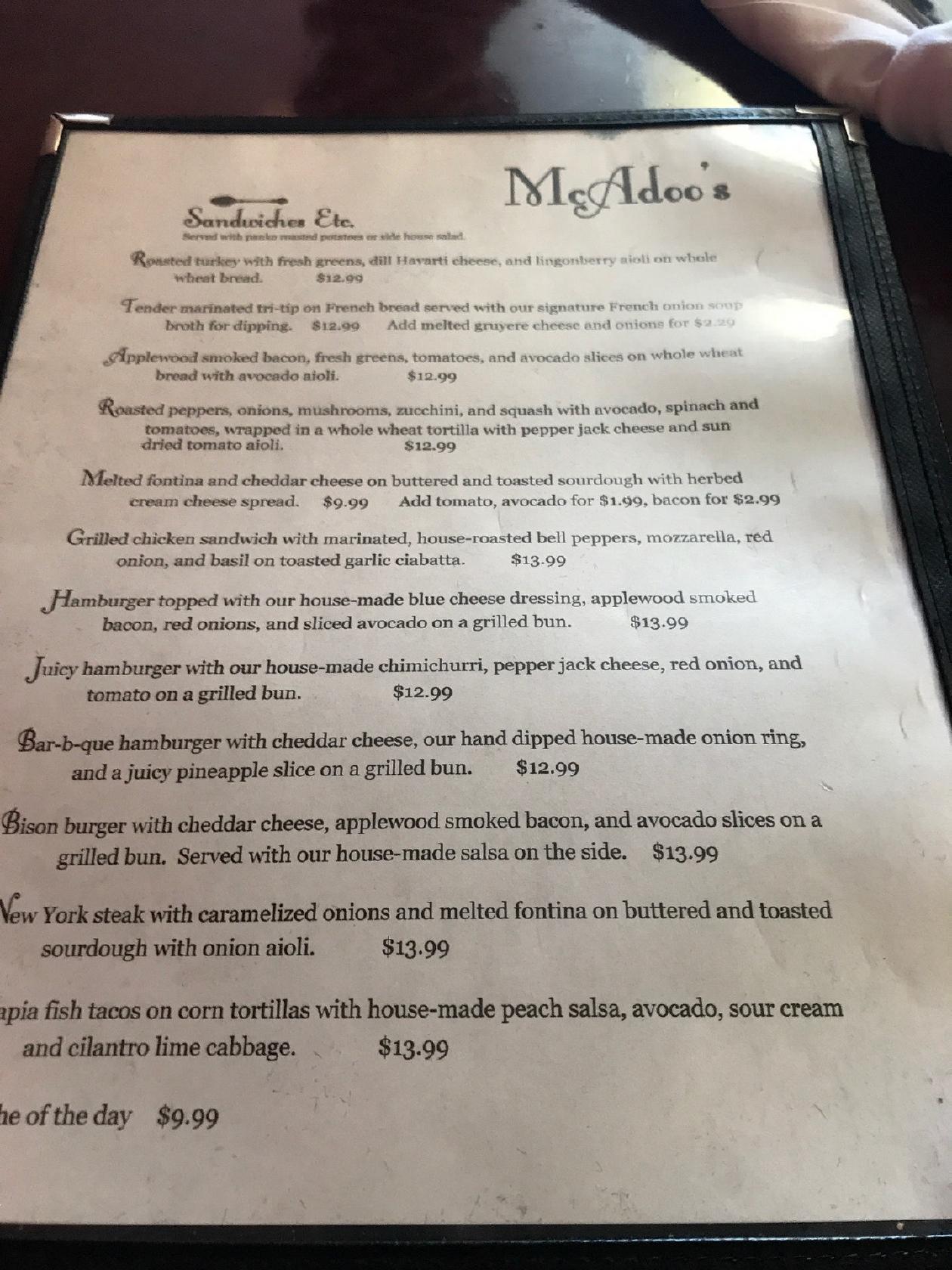 Menu at McAdoo's restaurant, Elko