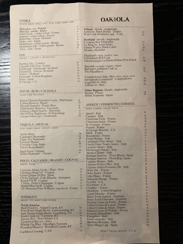 Menu at Oak & Ola restaurant, Tampa