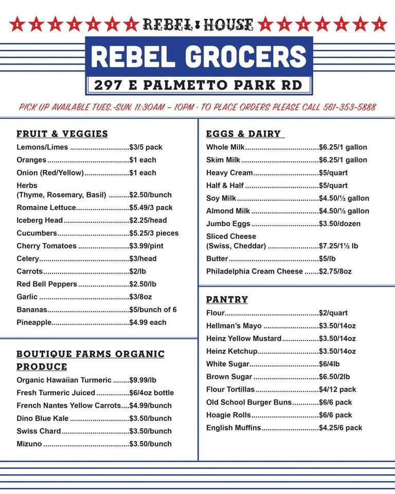Menu at Rebel House restaurant, Boca Raton