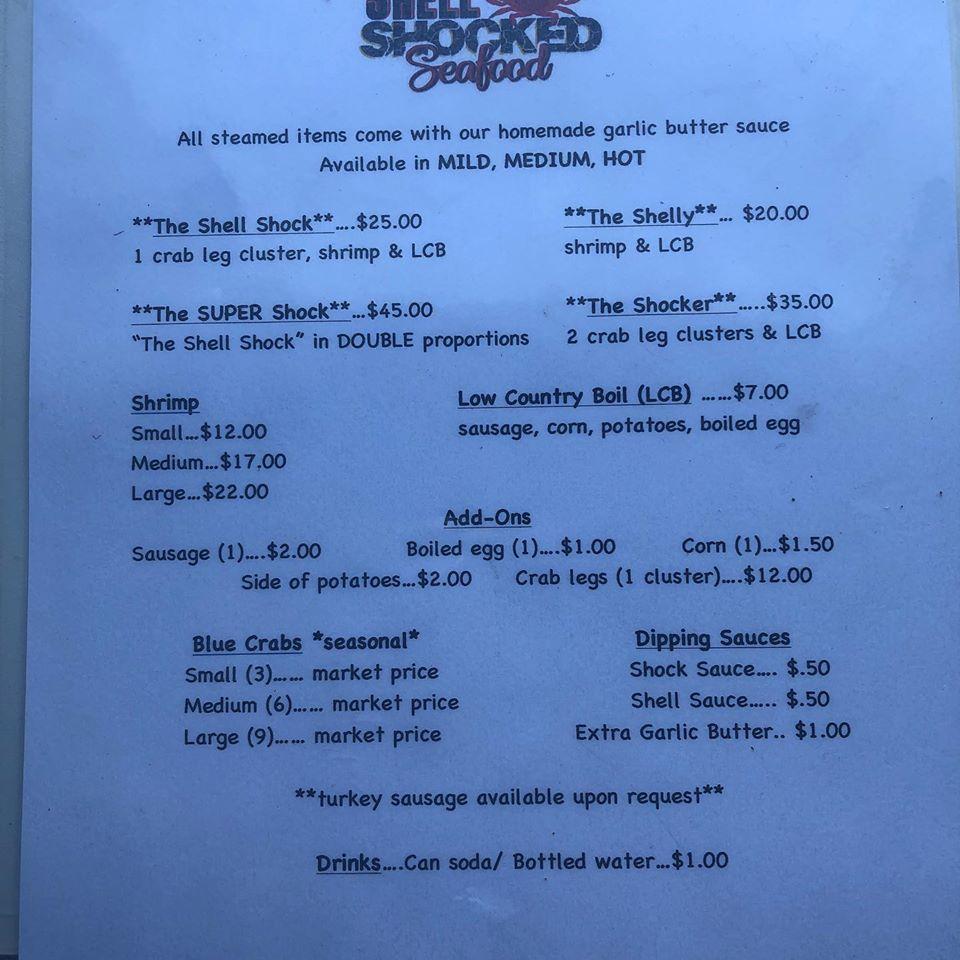 Menu at Shell Shocked Seafood restaurant, Greensboro