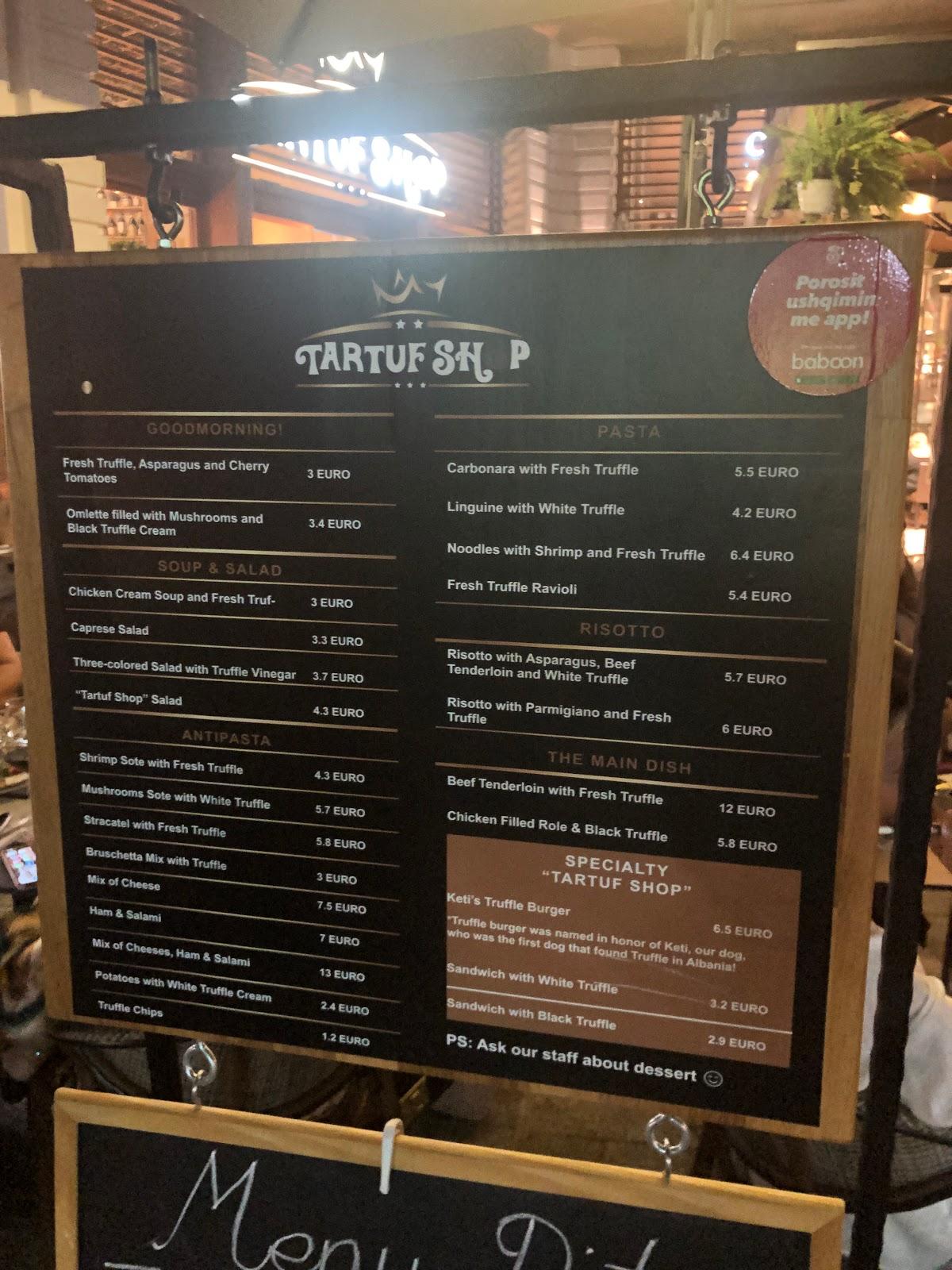 Menu at Tartuf Shop restaurant, Tirana