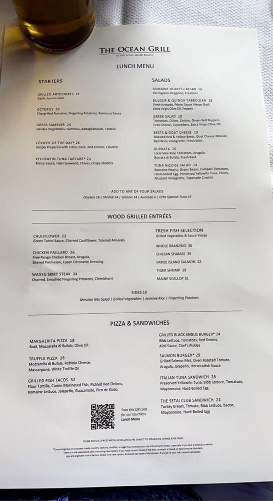 Menu at Ocean Grill restaurant, Miami Beach