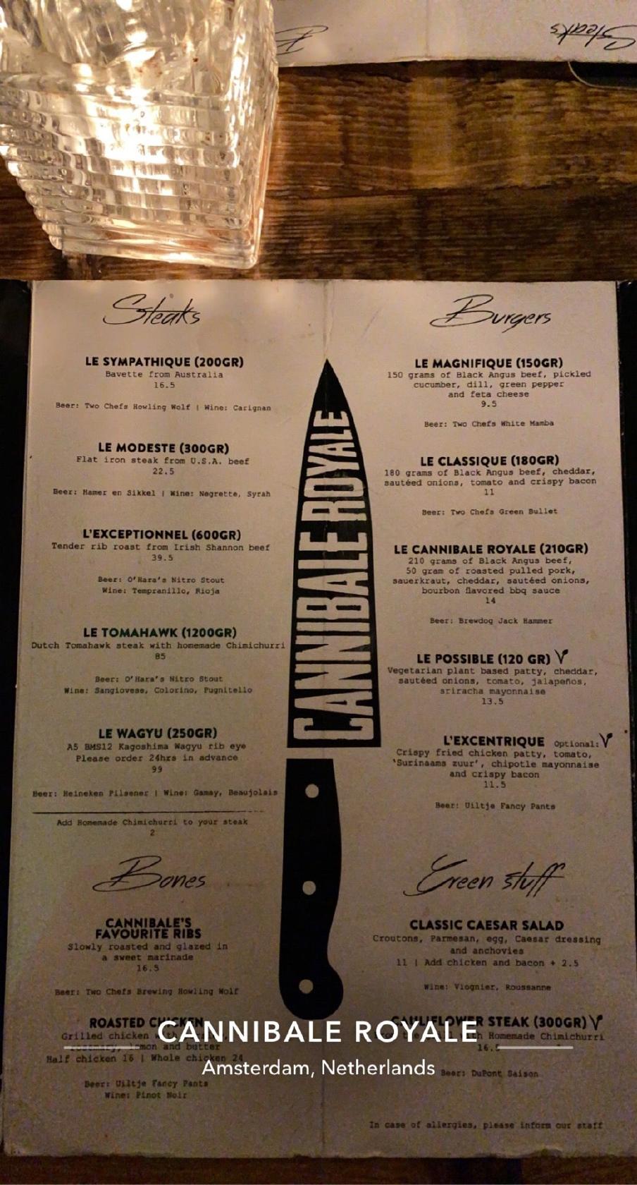 Menu at Cannibale Royale Handboogstraat, Amsterdam, Handboogstraat 17a