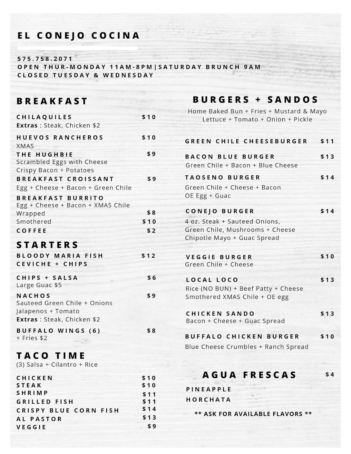 Menu at El Conejo Cocina restaurant, Taos