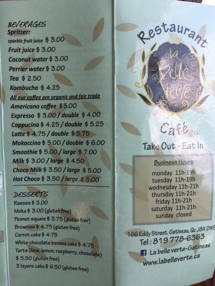 Menu at La Belle Verte restaurant, Gatineau