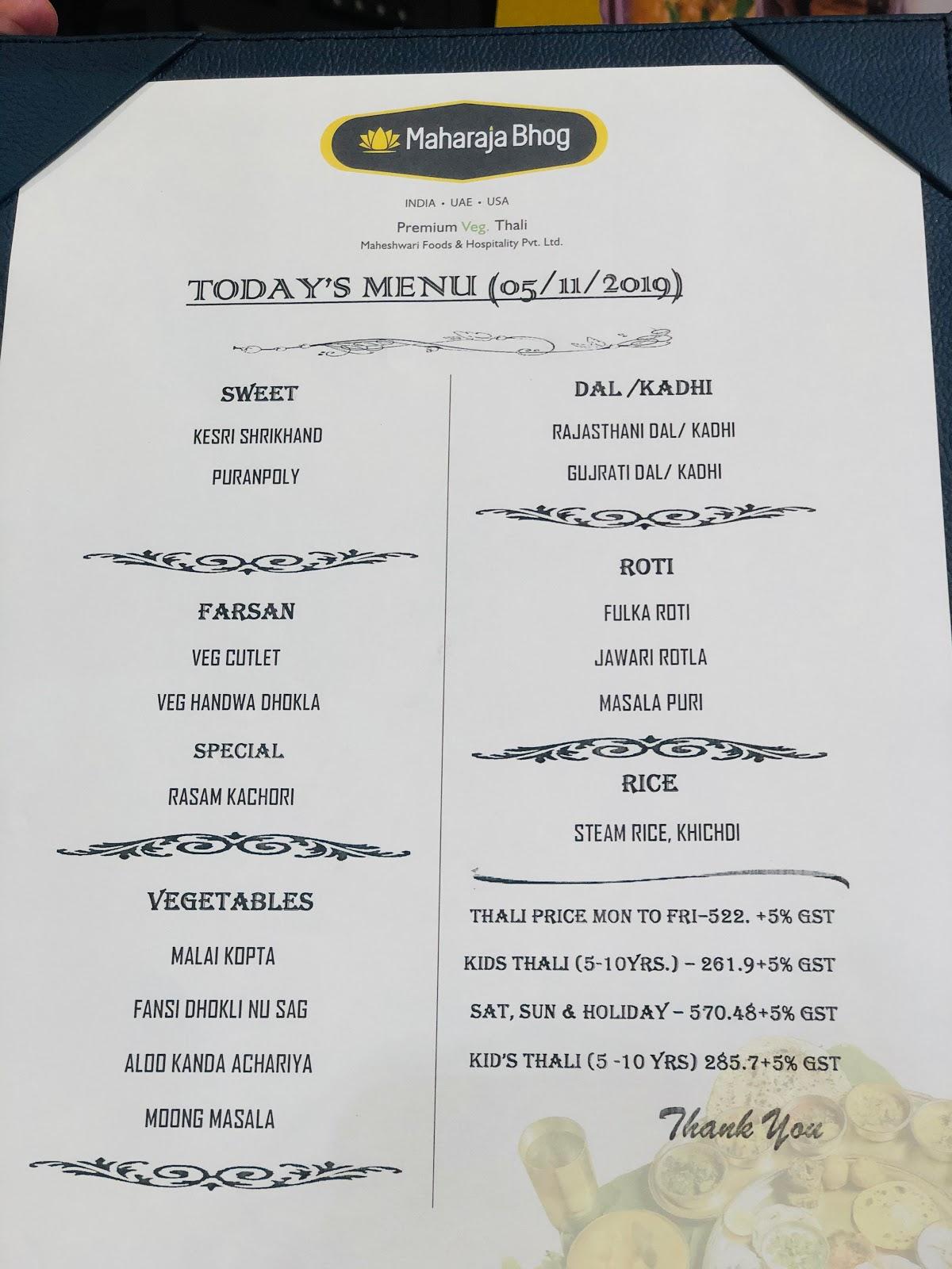 Menu at Maharaja Bhog Premium Veg Thali, Pune