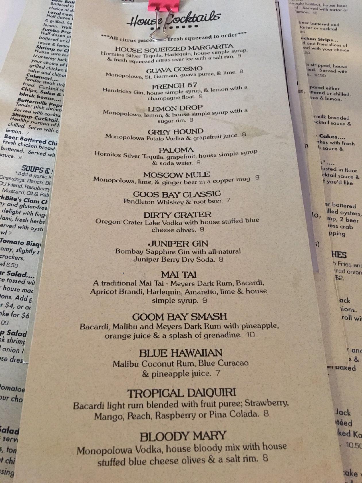 Menu at SharkBite's Seafood Cafe, Coos Bay