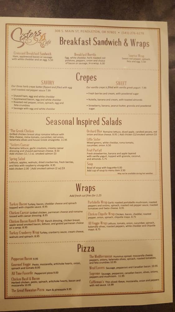 Menu at Sister's Cafe, Pendleton