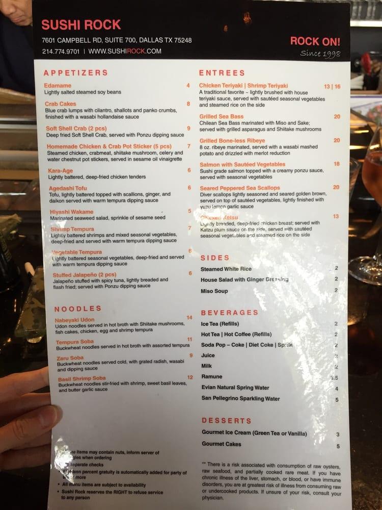 Menu at Sushi Rock restaurant, Dallas