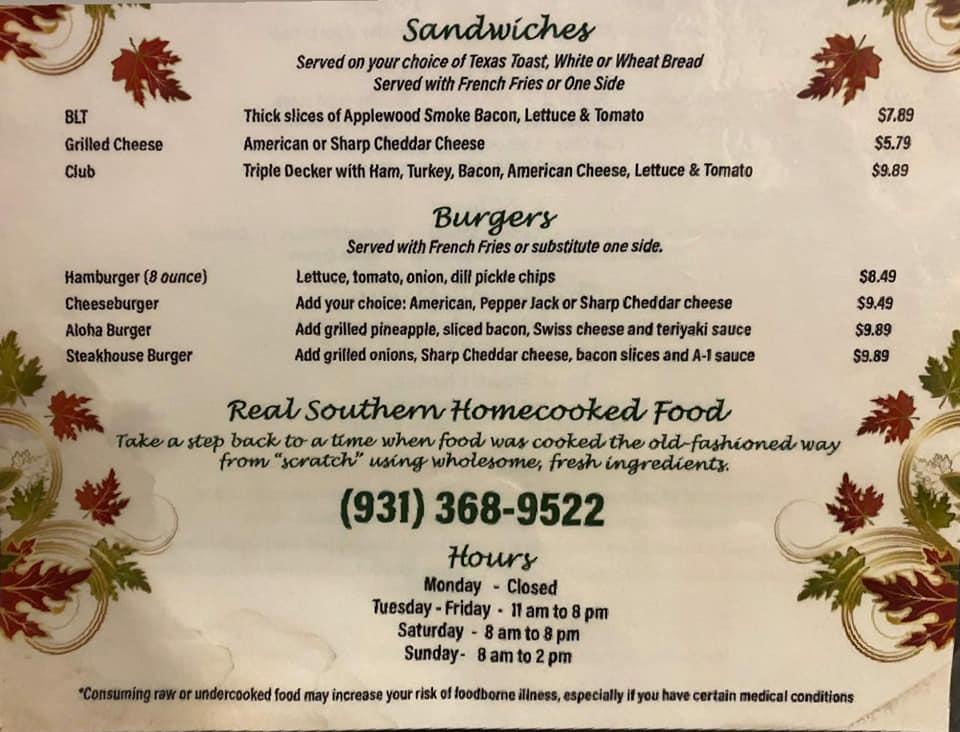 Menu at Sweet P's Southern Style restaurant, Clarksville