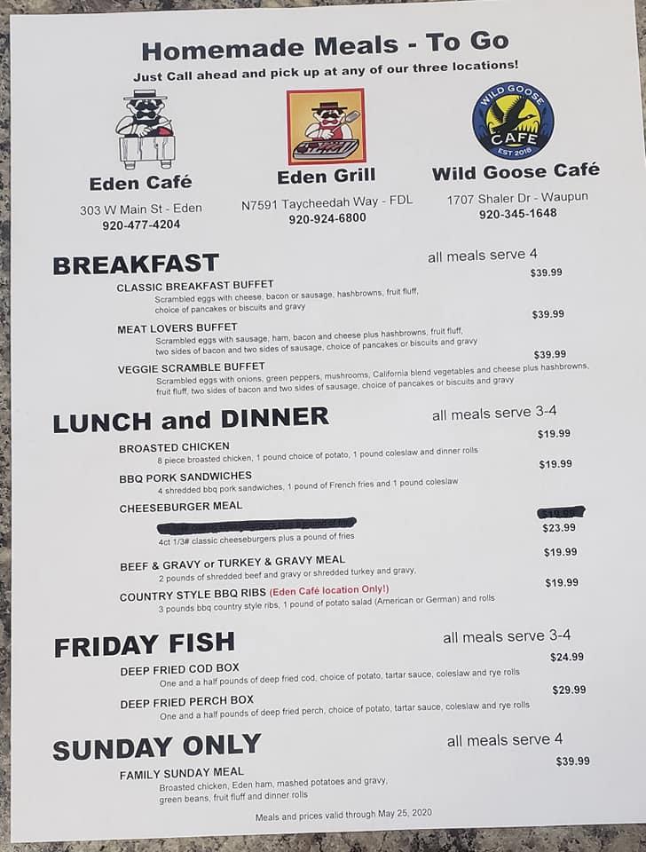 Menu at Wild Goose Cafe, Waupun