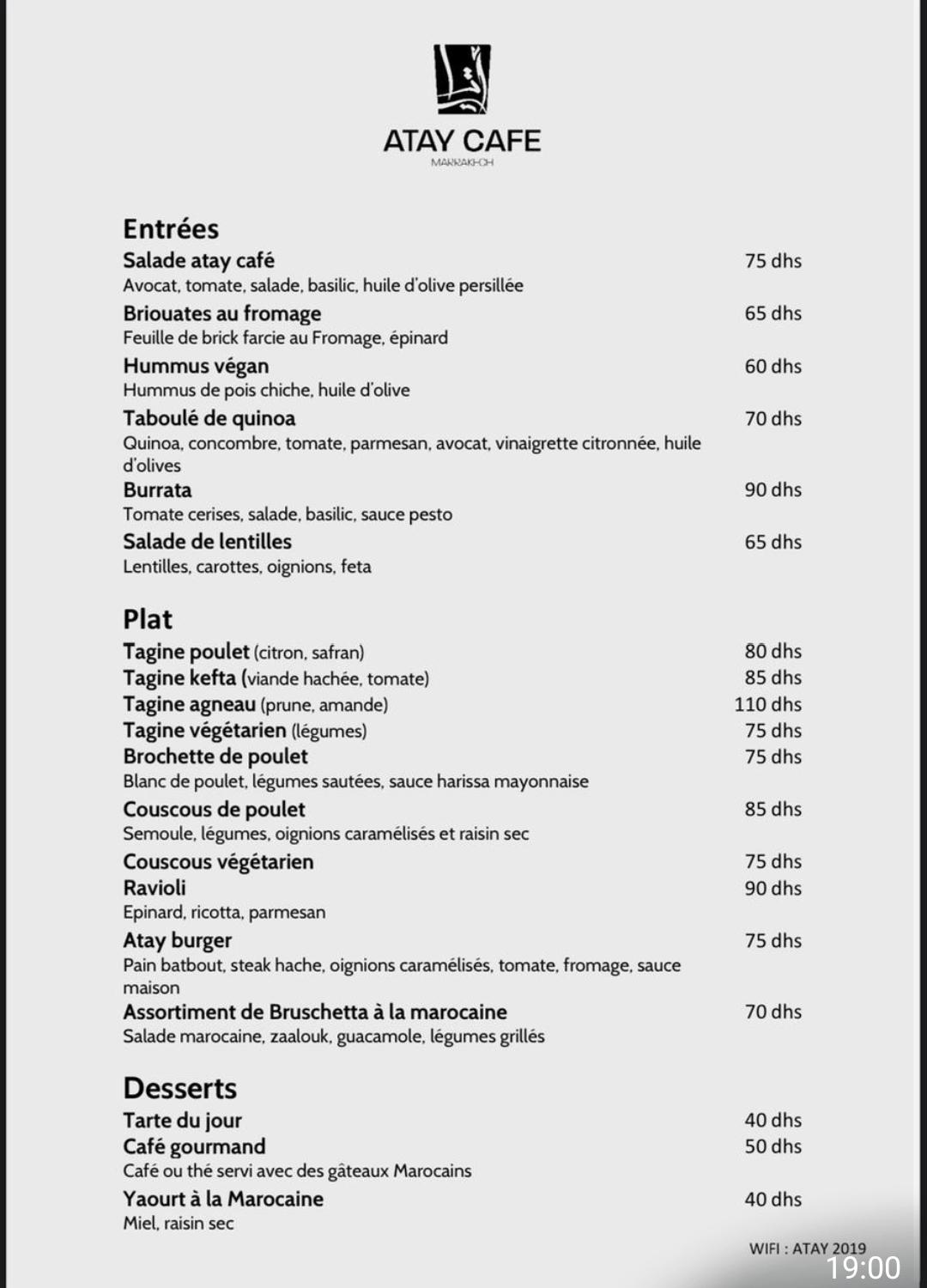Menu at Atay Cafe, Marrakesh