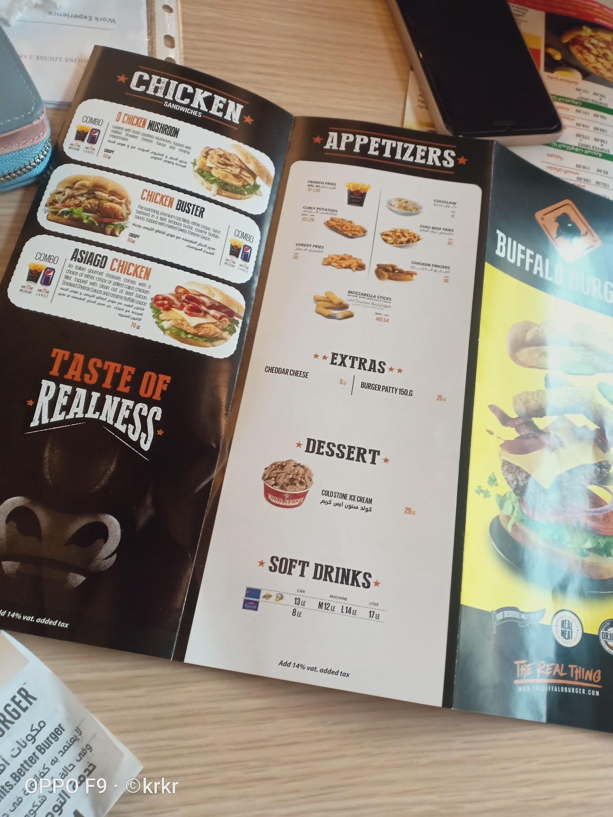 Menu at Buffalo Burger restaurant, Egypt, 39J8+RHW