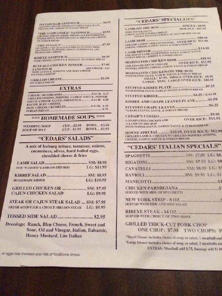 Menu at Cedars restaurant, New Castle