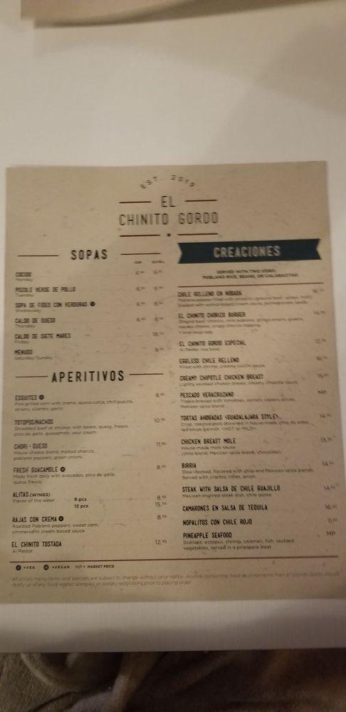 Menu at El Chinito Gordo restaurant, Tucson