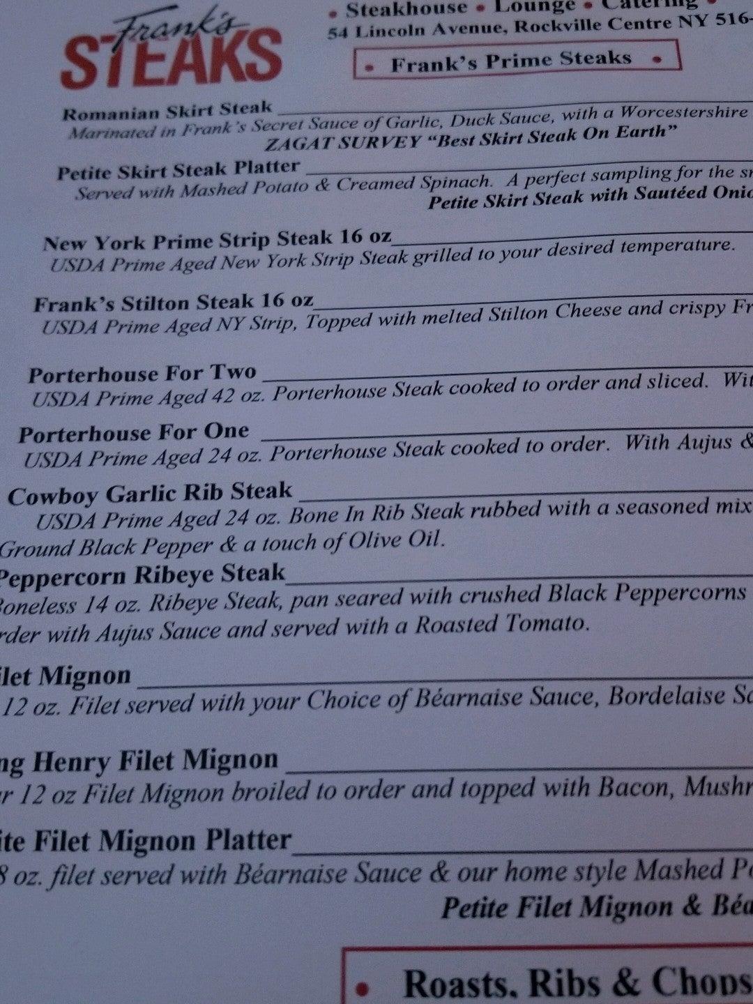 Menu at Frank's Steaks steakhouse, Rockville Centre
