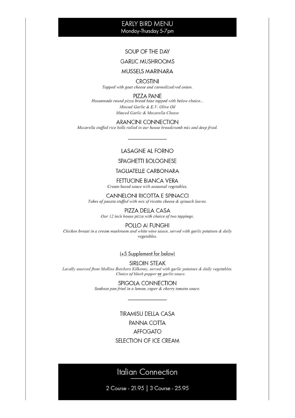Menu at Italian Connection pizzeria, Kilkenny